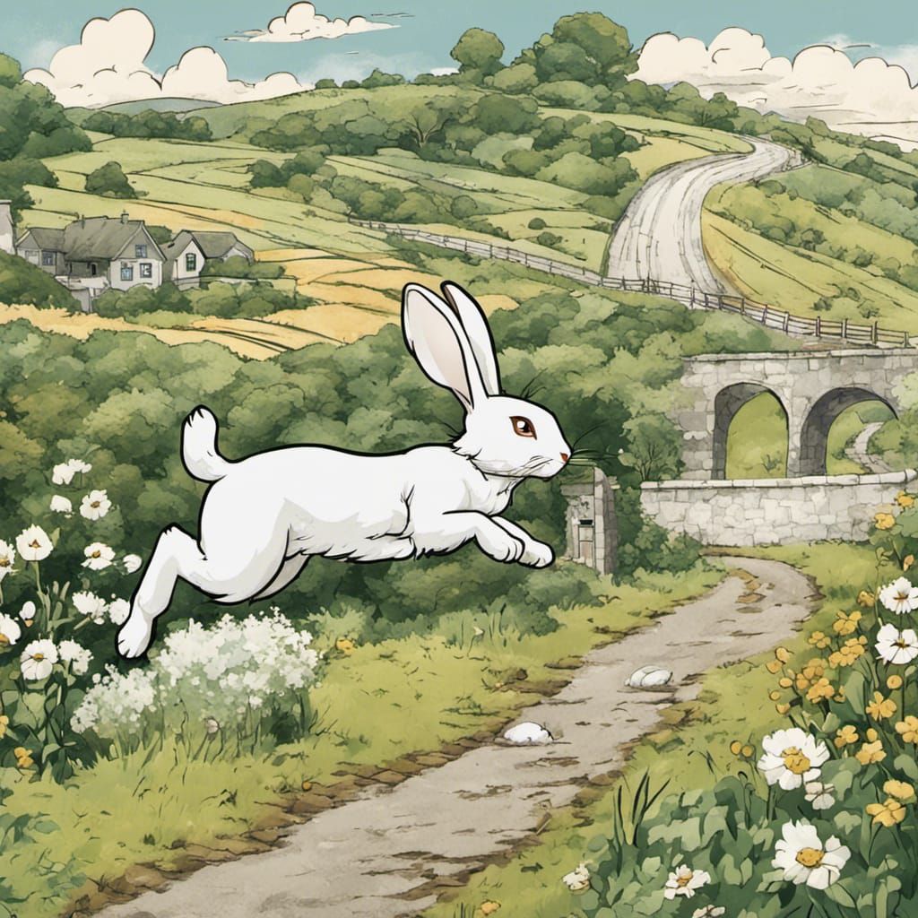 Anime style illustration of the back of a white hare as he happily hops ...