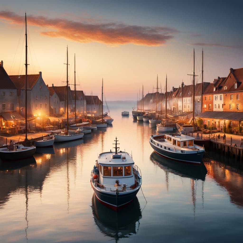 harbor - Whimsical Sunset Harbour Scene in Dreamy Painterly ...