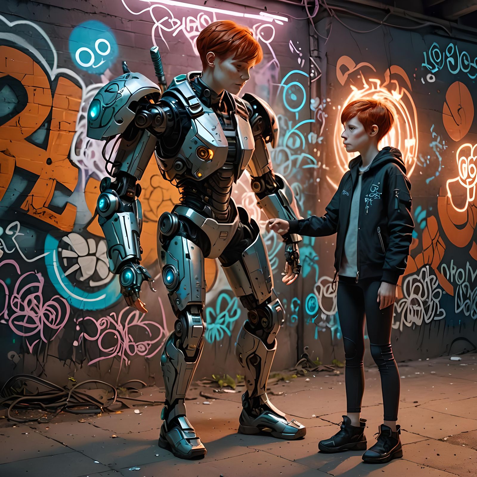 Barefoot redhead girl with a pixie cut meets a special needs cyborg ...