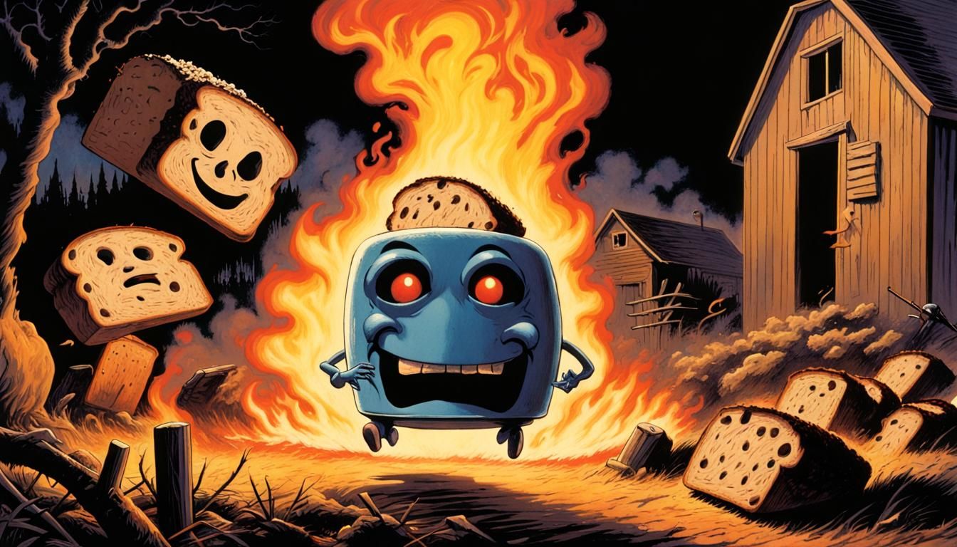 The Evil Toaster chases the Bread through the burning barn II - AI ...