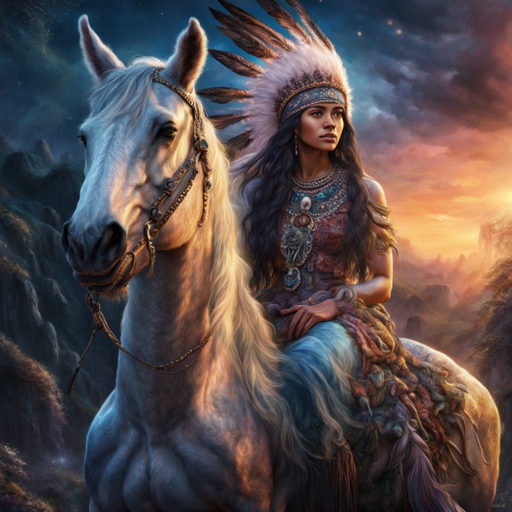 A beautiful young Native American squaw sits bareback on a black stallion