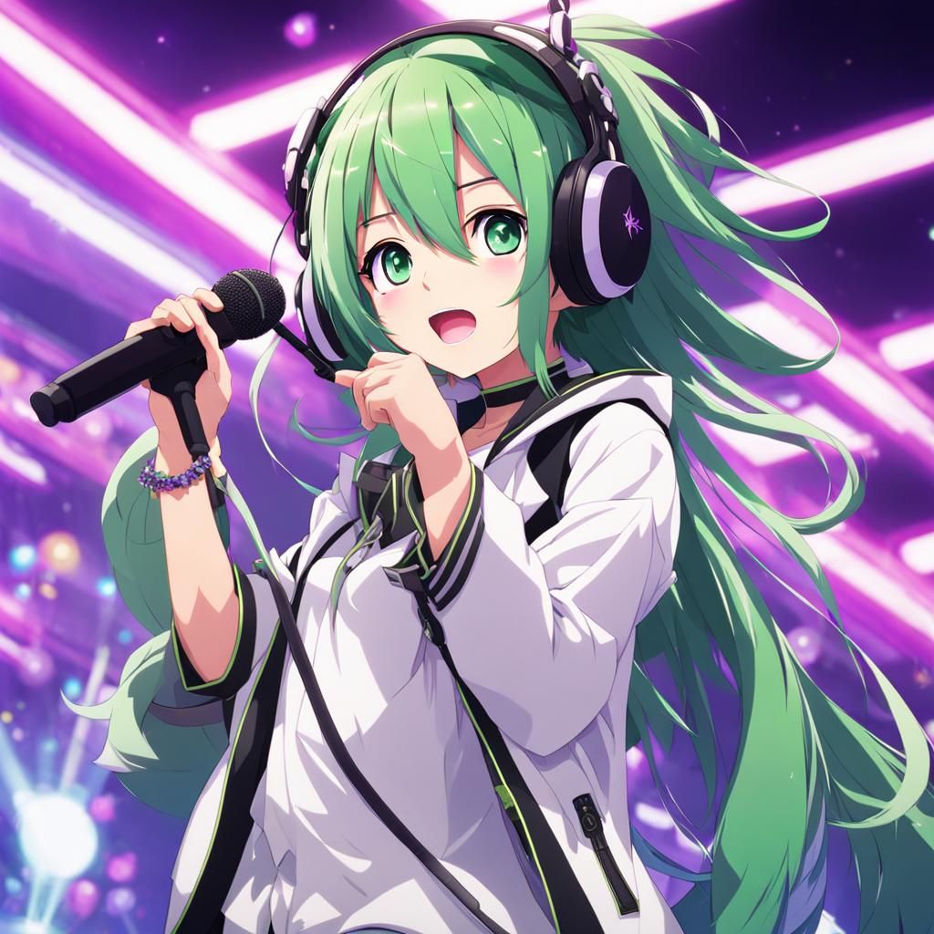 A green-haired Vocaloid girl with lilac accessories With a microphone ...