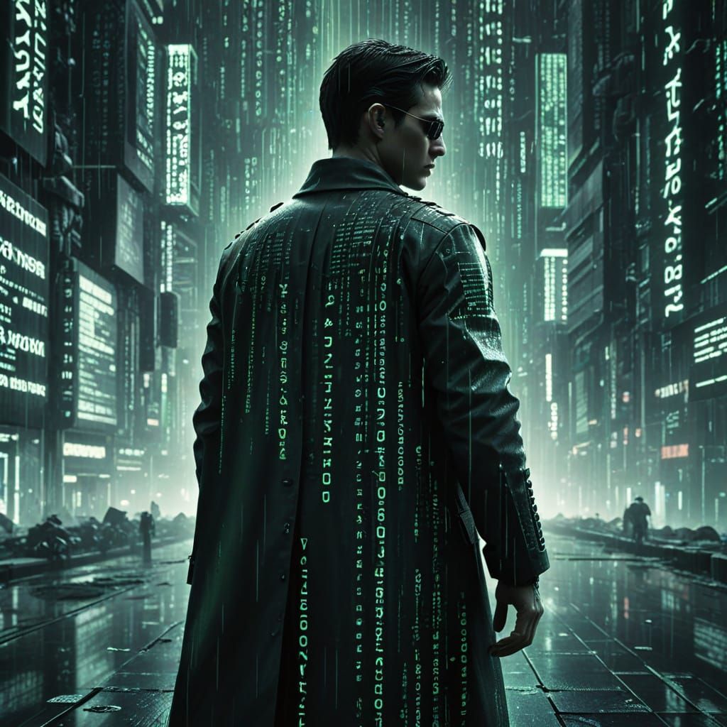 Cyber city, matrix code overlay - Cyberpunk Cityscape with M...