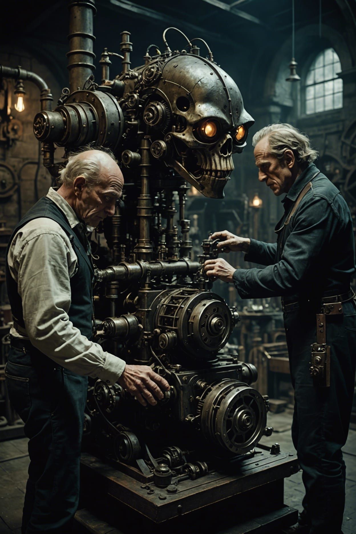 evil goblin adjusting a biomechanical steampunk engine in a dark horror ...