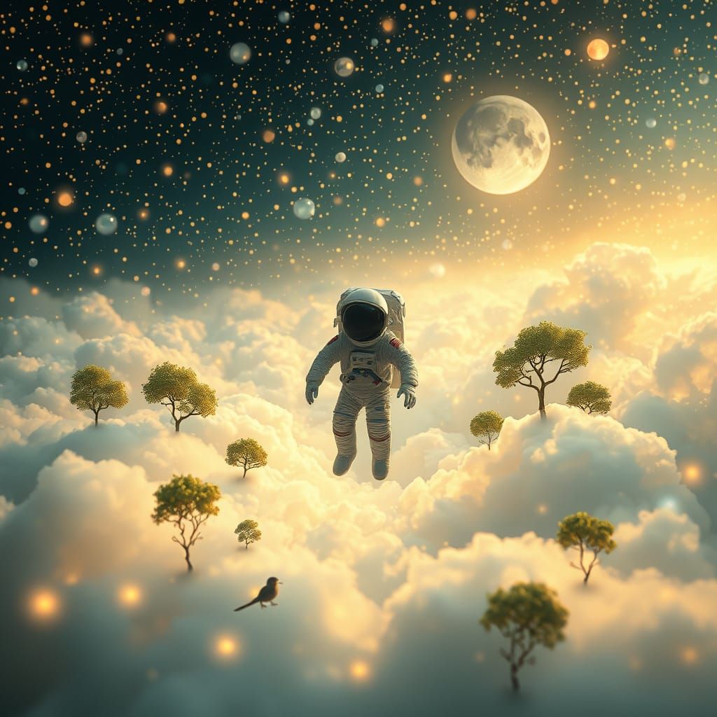 Astronaut in a Dreamy Cloudscape with Glowing Crea... - AI Art