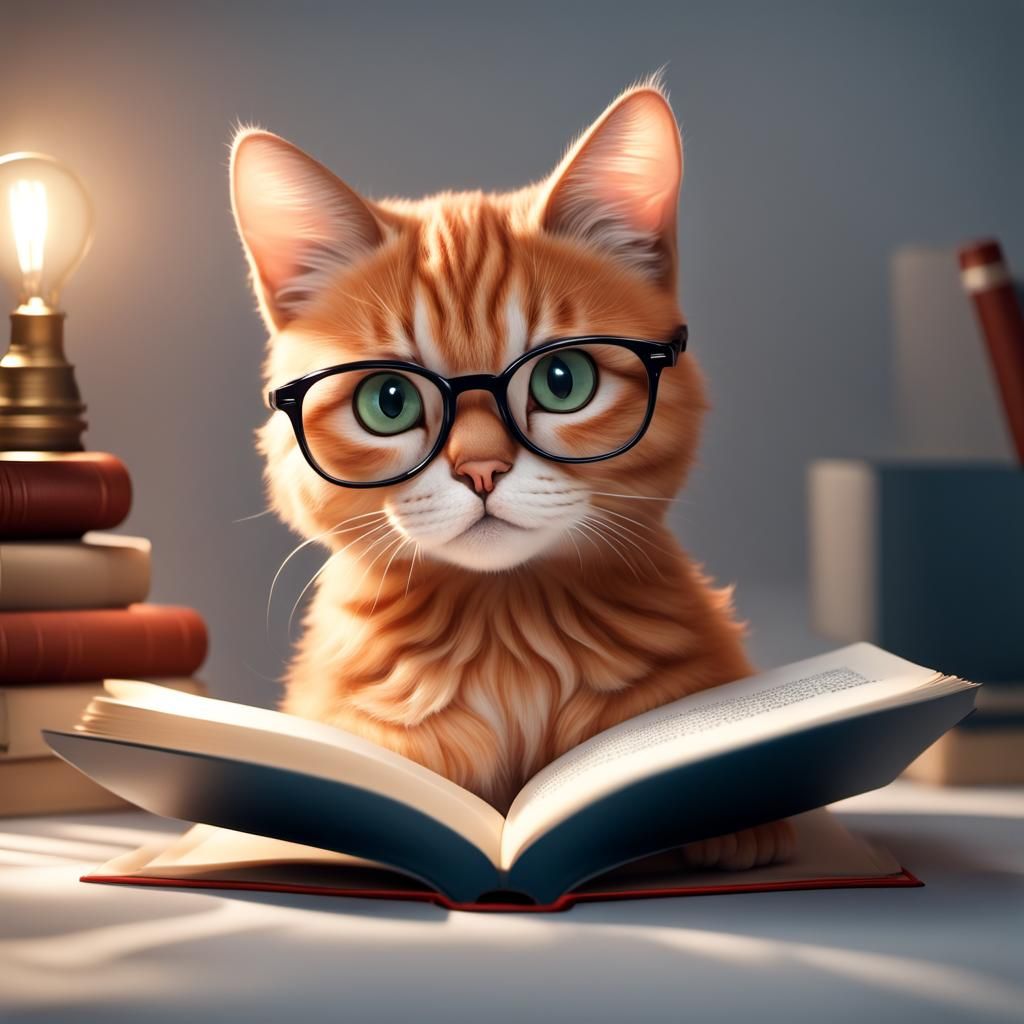 A realistic cute cat reads from a book and wears reading glasses ...