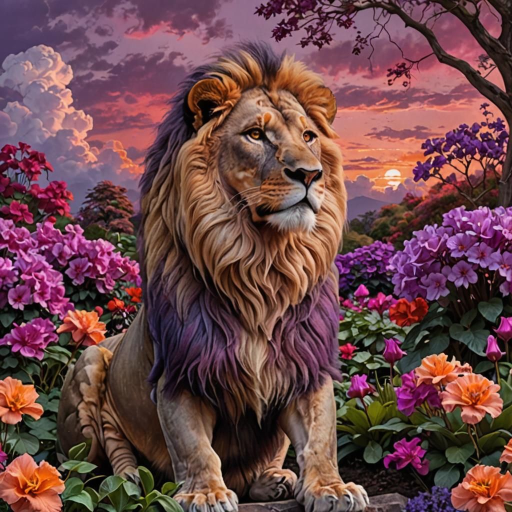 A beautiful lion in a beautiful garden of cyclamens, colors are violet ...