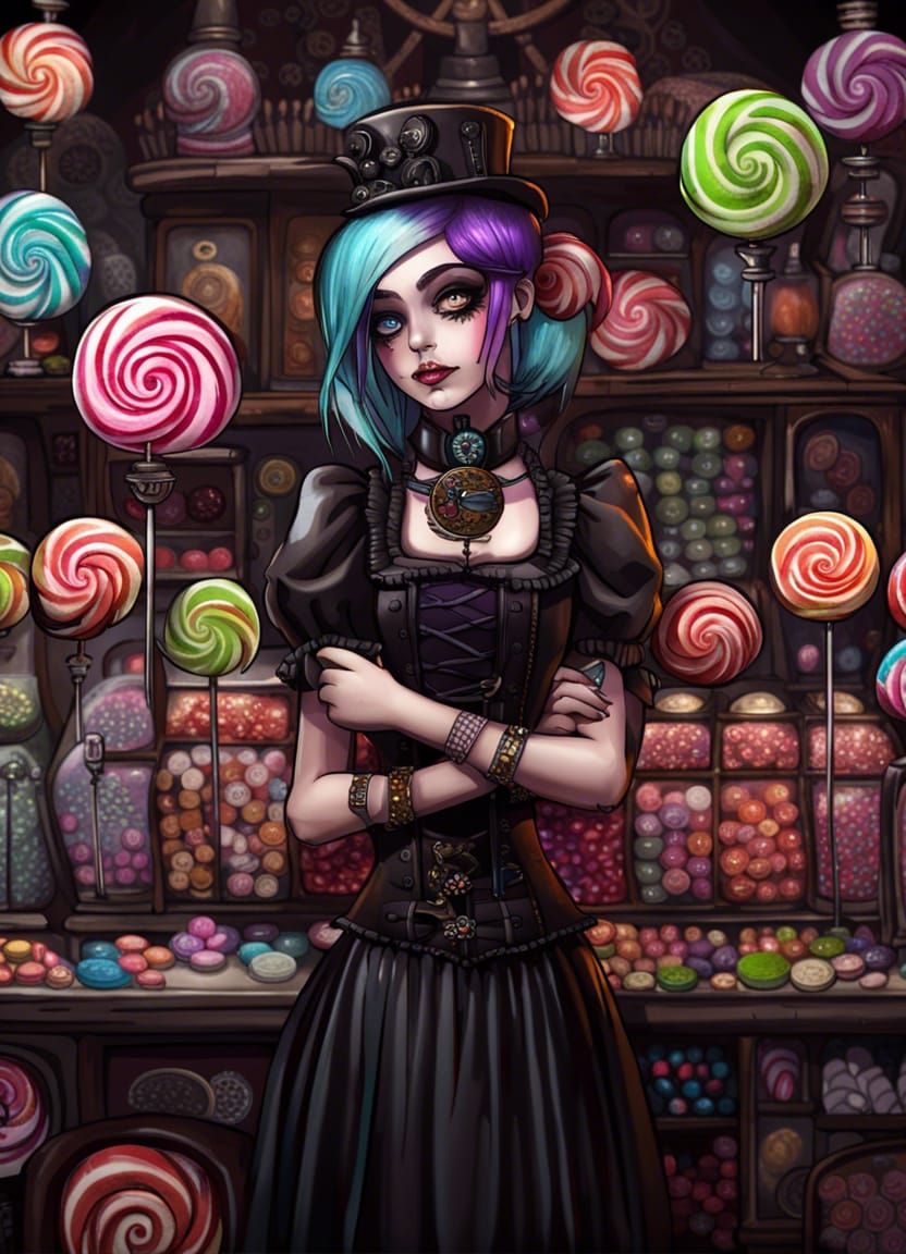 "Front_view portrait of goth_candy_store_owner morousely holding ...