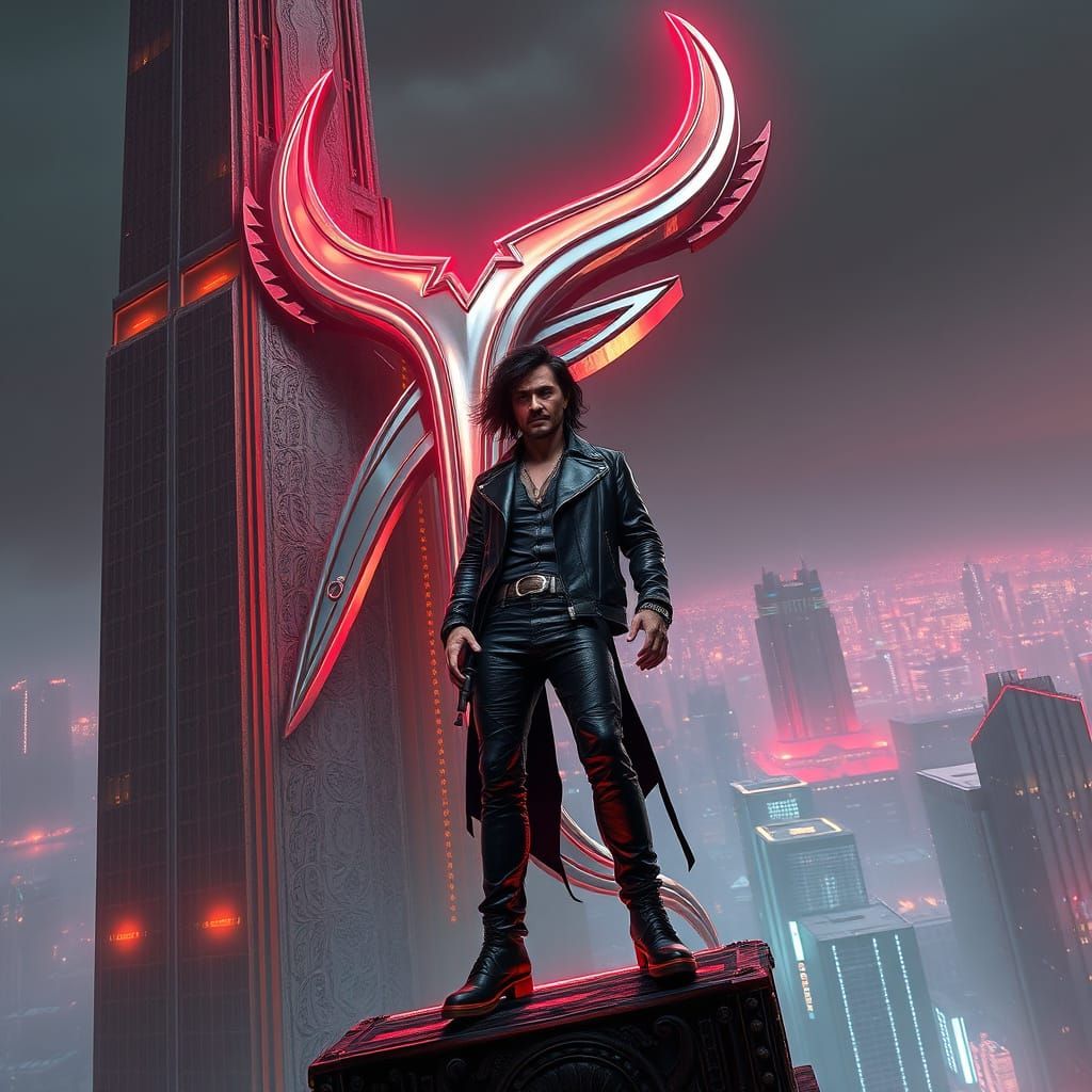 Rock Singer on Skyscraper in Cyberpunk Neon Noir - AI Art