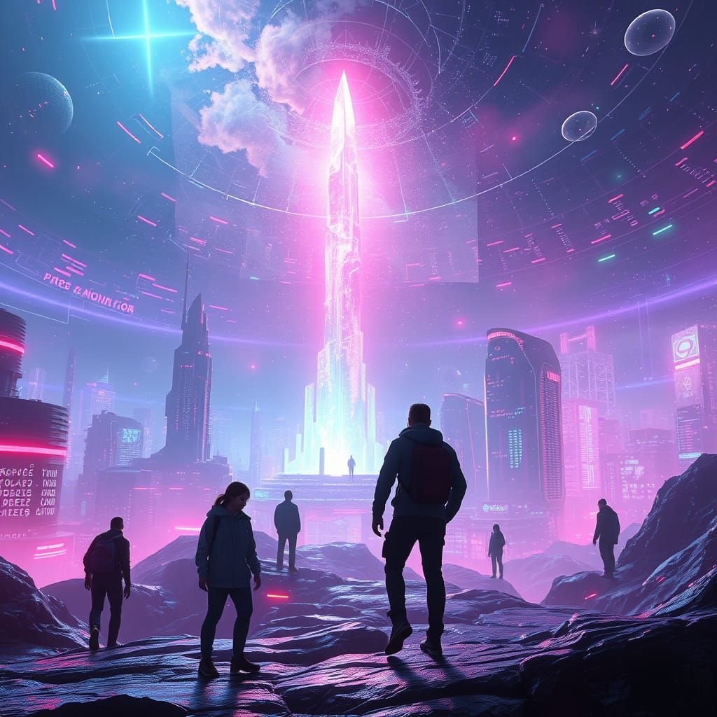 Neon Dreamscape: Humans Unite in a Futuristic Digi... - AI Art
