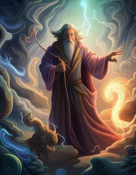 full body, wizard with lightning coming from finger tips, holding small ...