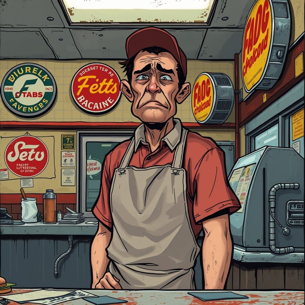 Frustrated Fast Food Worker in a Gritty Satirical ... - AI Art
