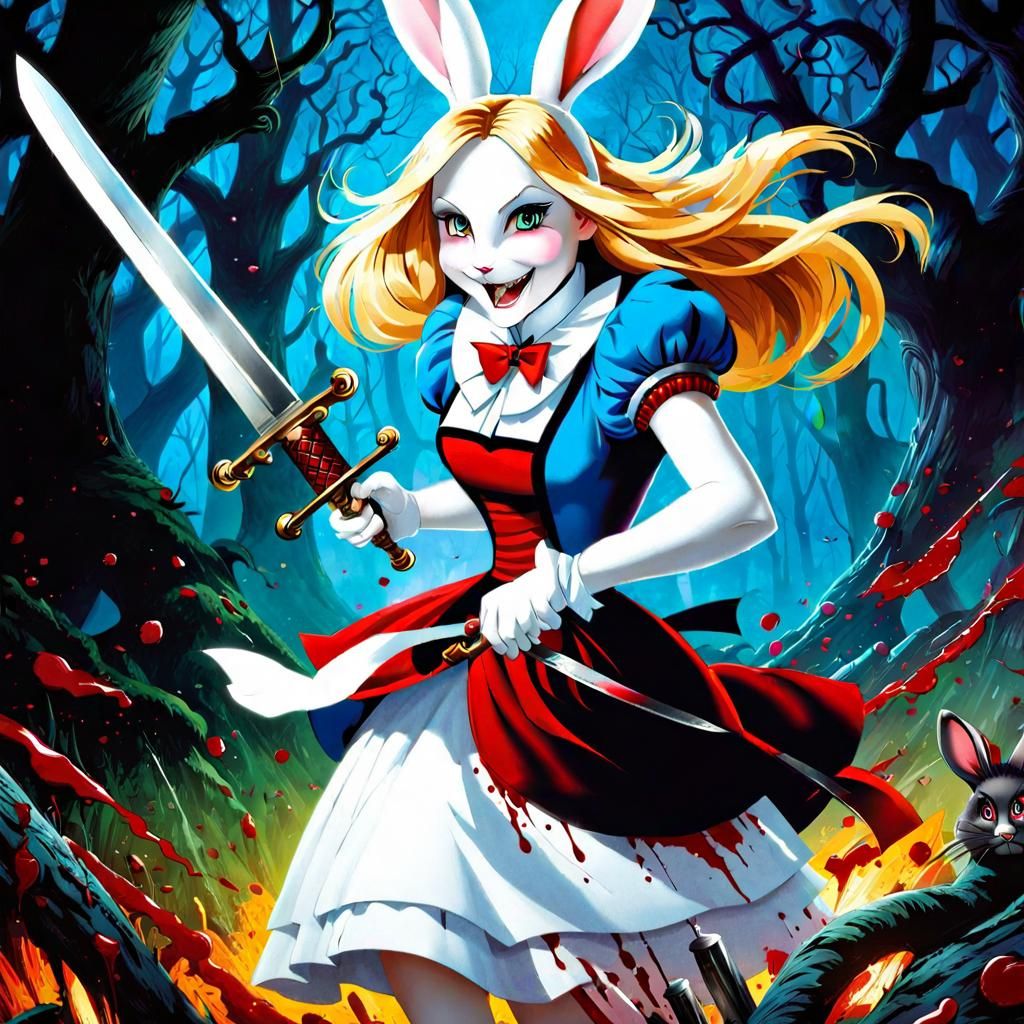 Alice destroying wonderland, fighting with the white rabbit with swords ...