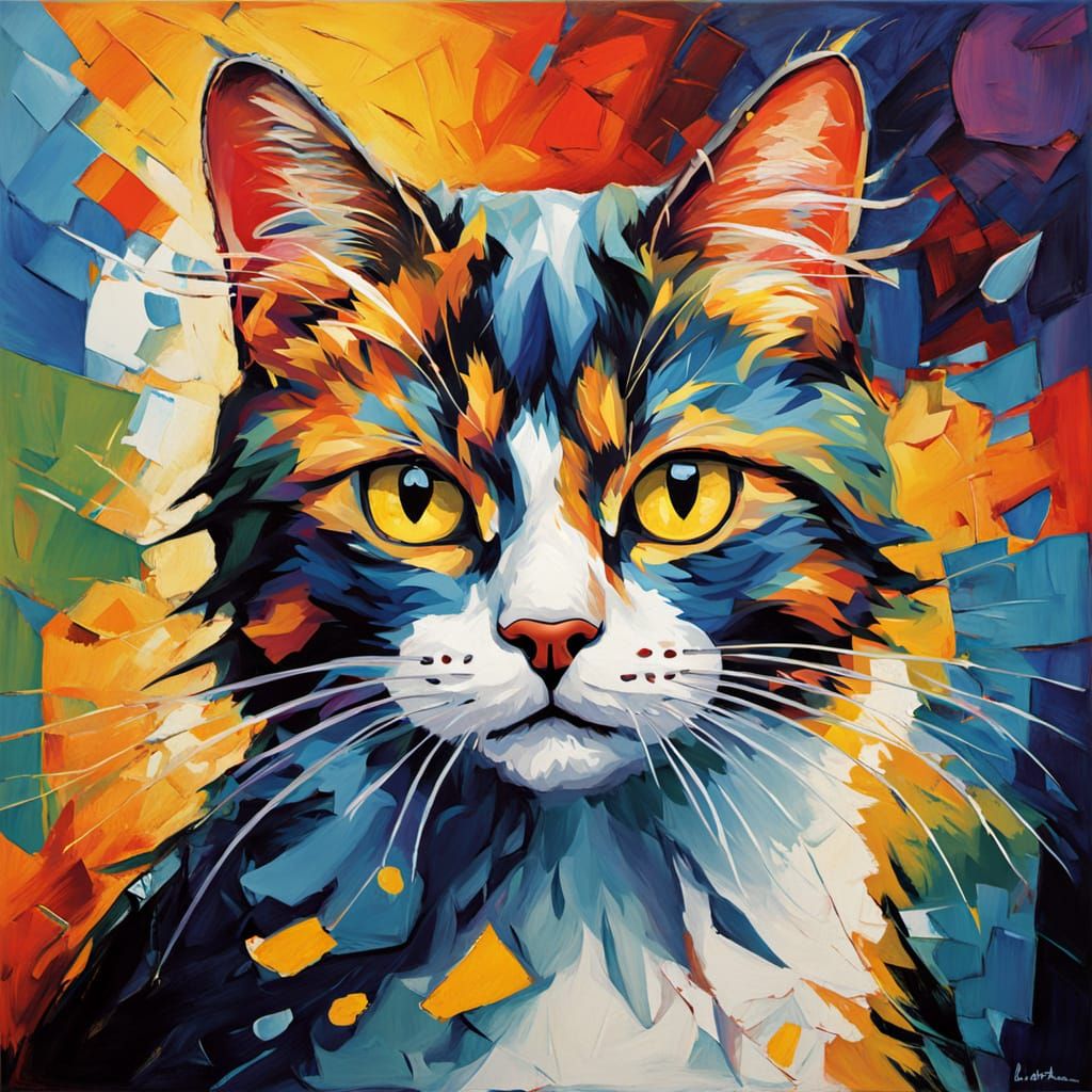 chromolithographs calico cat - Vibrant Calico Cat in Impasto...