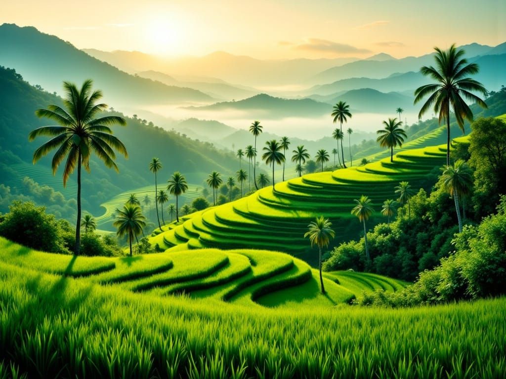 Stunning, layered views of lush green rice terraces...