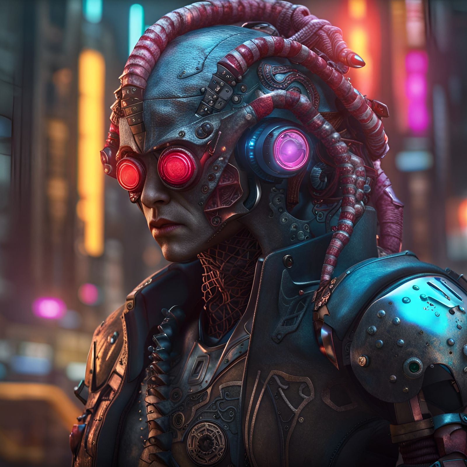 A gorgonite, in a mythical world, with a cyberpunk outfit,in dynamics ...