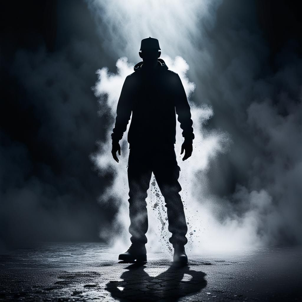 Shadow man, black silhouetted person, surrounded by fog and shadows ...