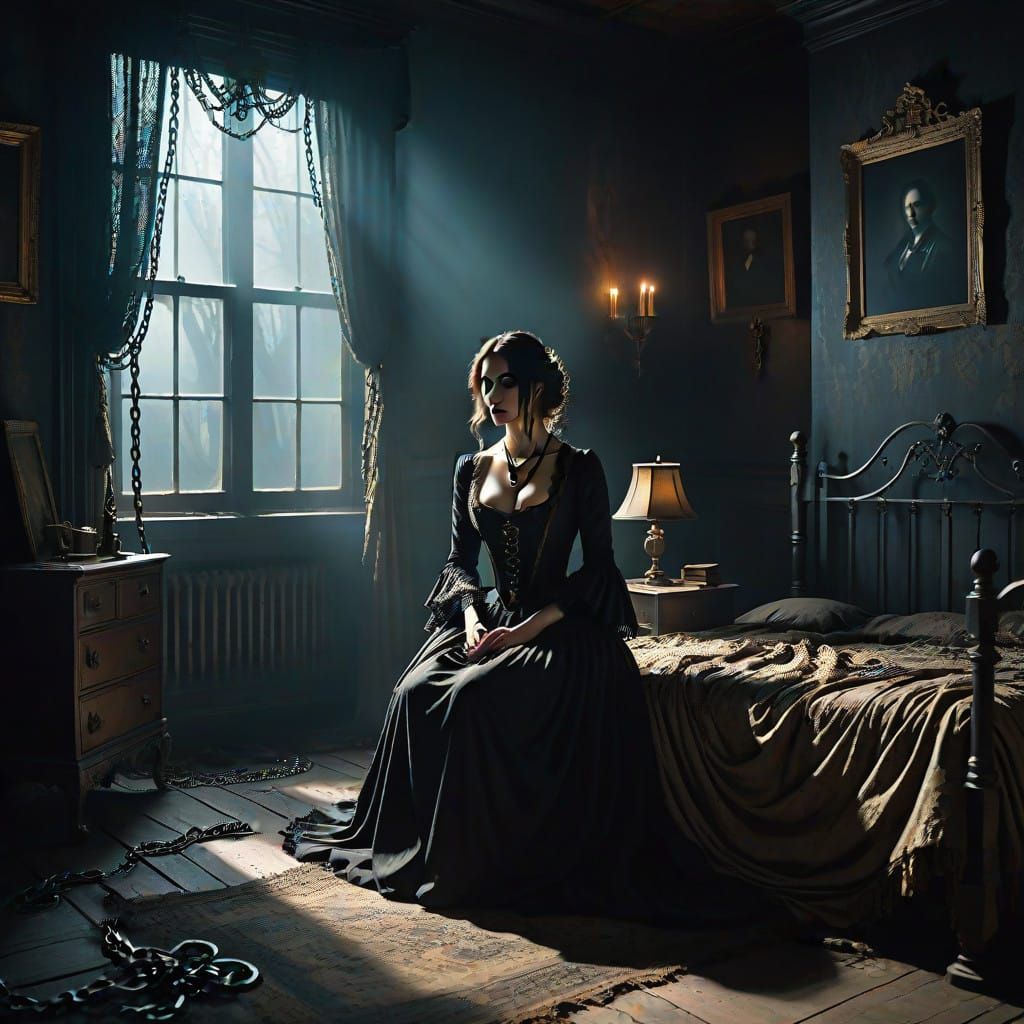 A ghostly gothic girl, draped in tattered, dark Victorian attire, with ...