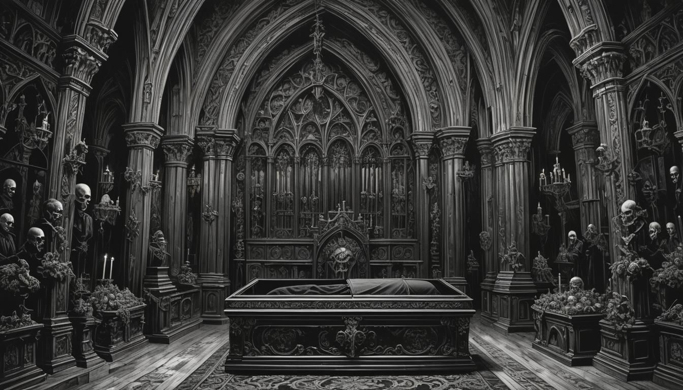 gothic all-black damask coffin open casket victorian dead vampire-cathedral funeral art - AI ...
