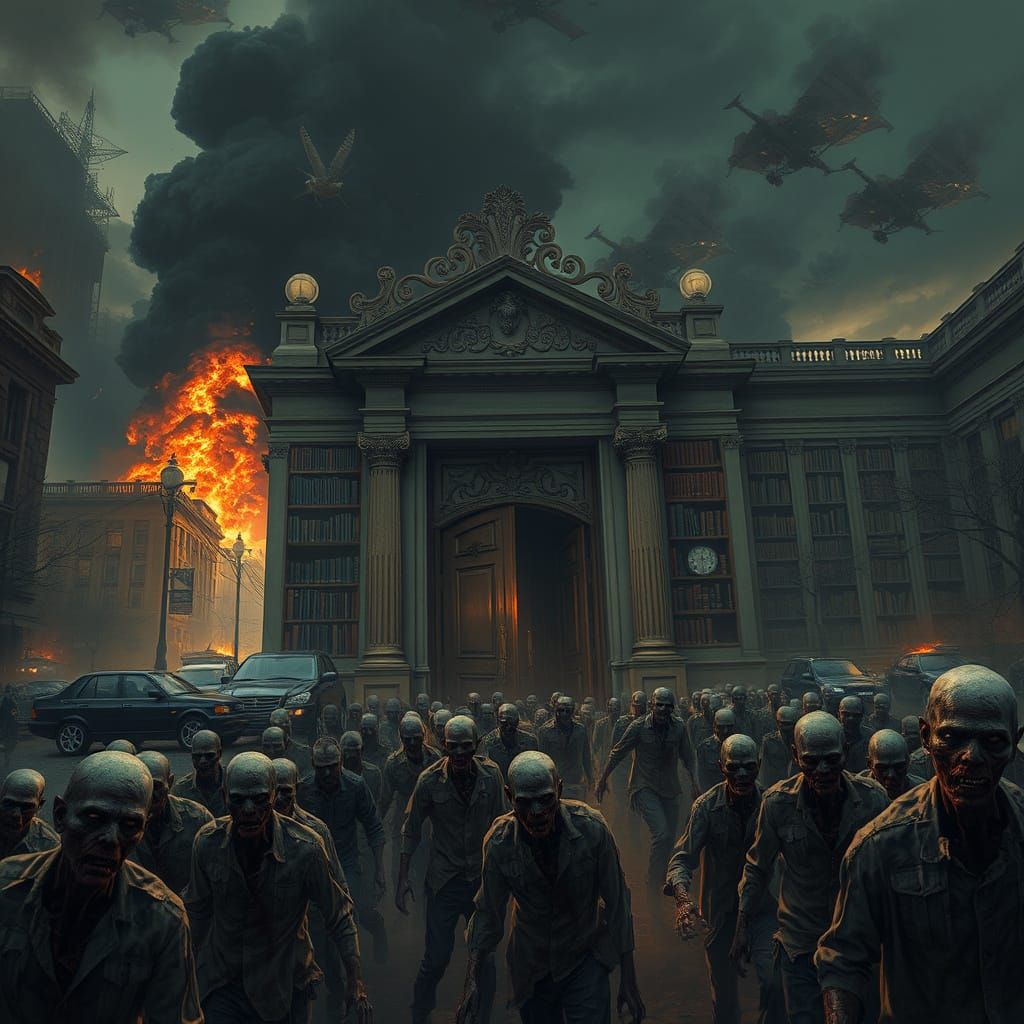 Undead Horde Shuffles Towards Haunted Library Entr... - AI Art