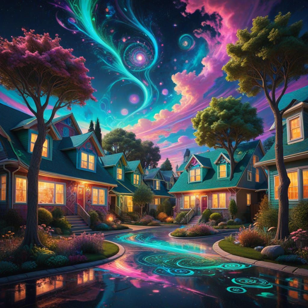 Suburb with surreal neon swirls - Vibrant Suburban Dreamscap...