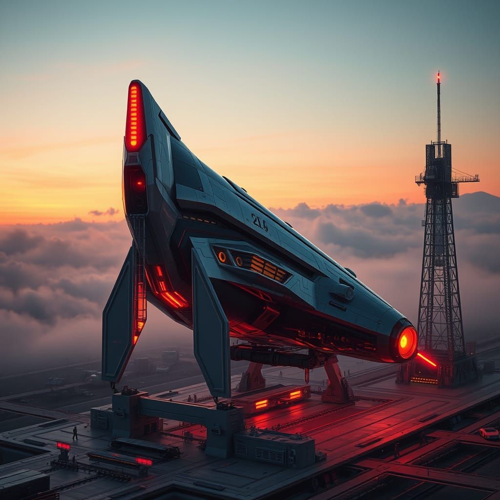 Sleek Metallic Rocket Ship on Futuristic Launchpad - AI Art