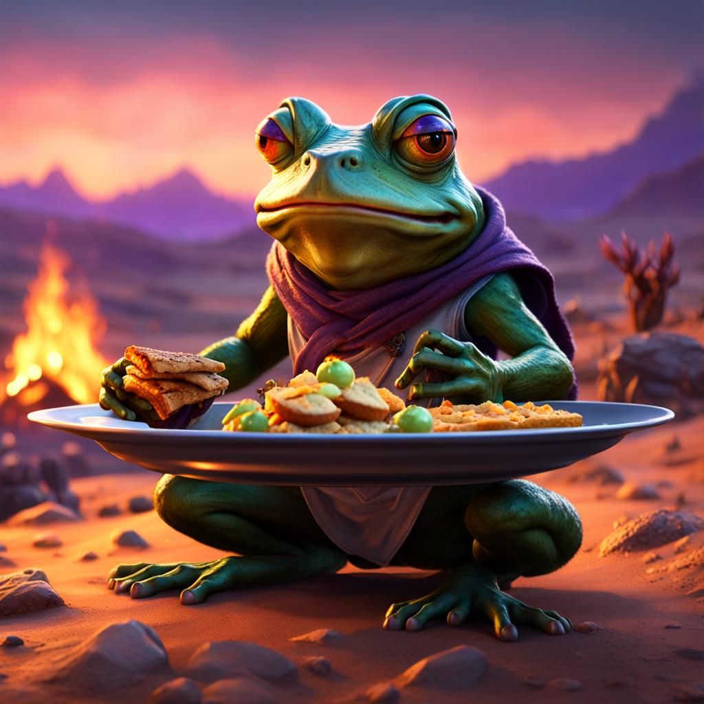 Humanoid frog holding a plate of food, campfire, desert - AI Generated ...