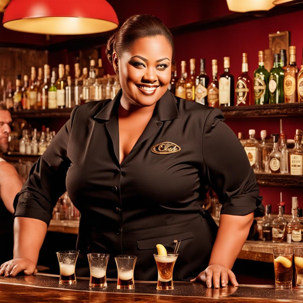 a curvaceous woman as a bartender in a traditional men's club - AI ...