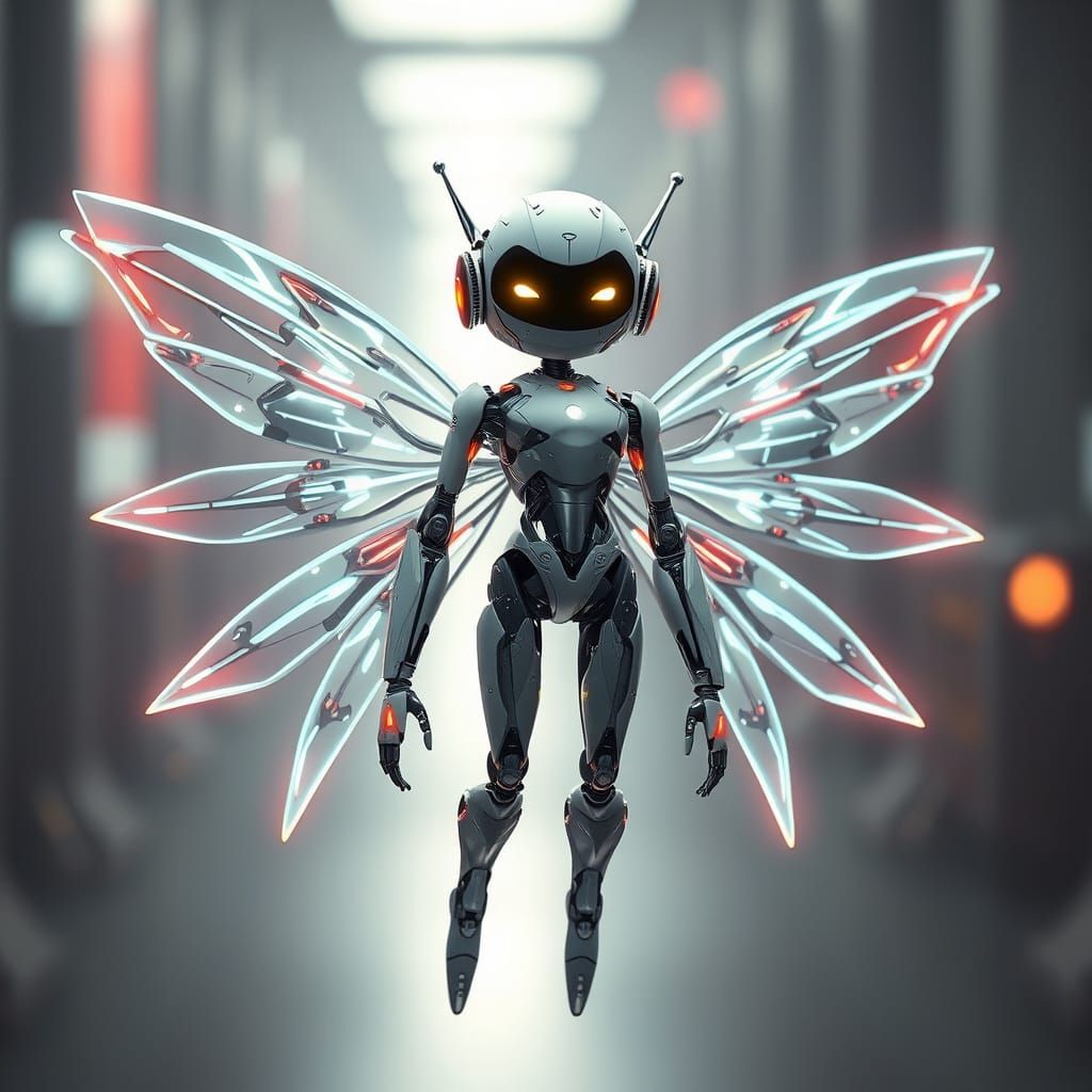 Pretty Artificial Intelligence Android robot fairy with metal wings