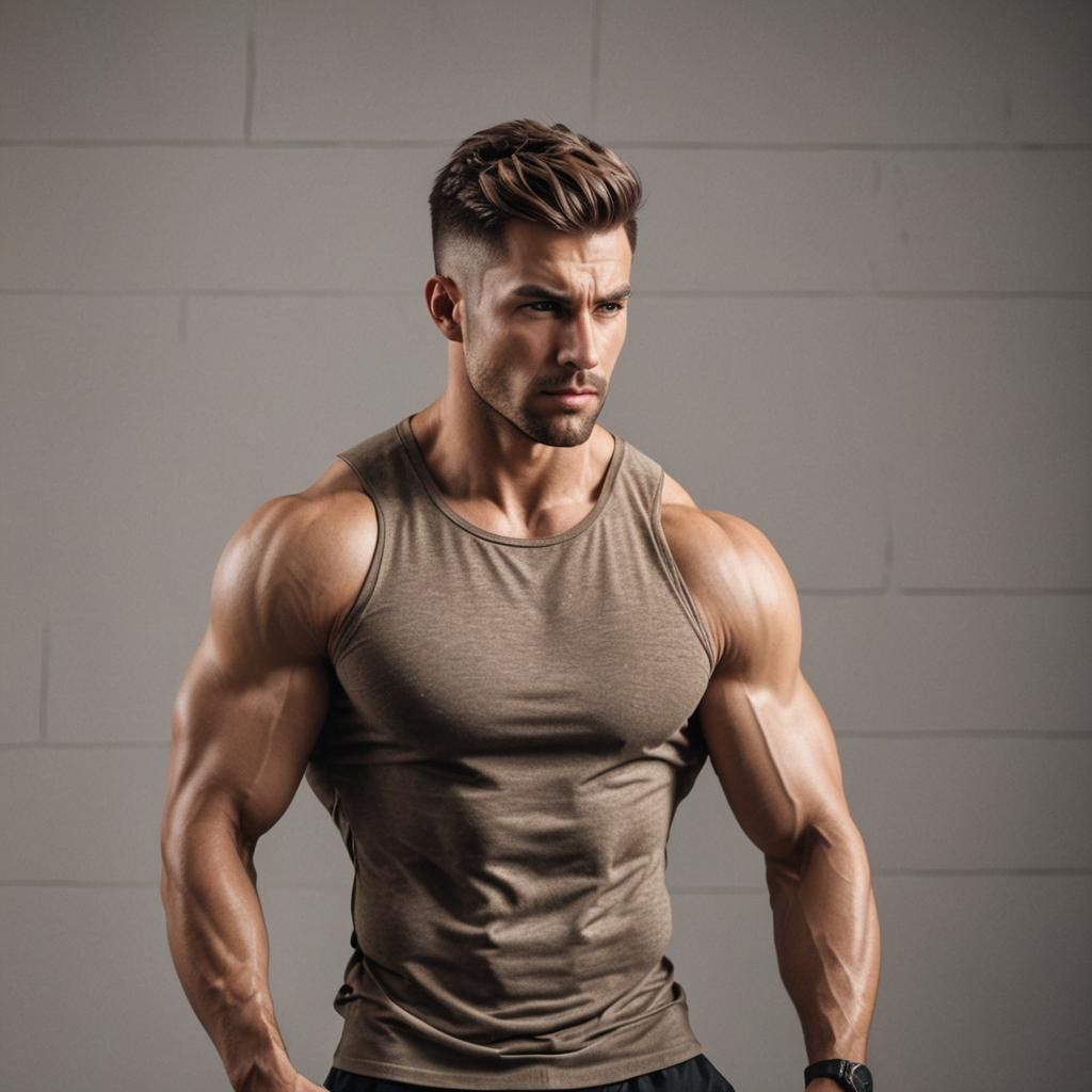 a handsome man with a nice fit muscular body, fade haircut, brown hair ...