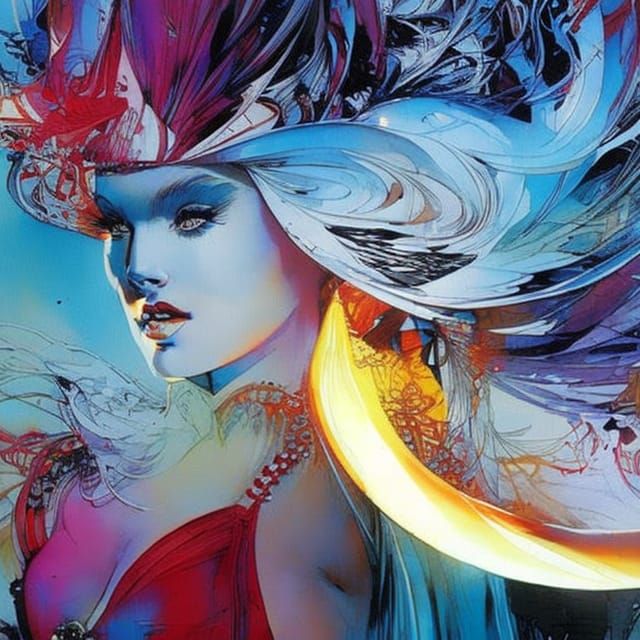 Gorgeous blonde princess in a blue dress standing in beautiful Heaven ...