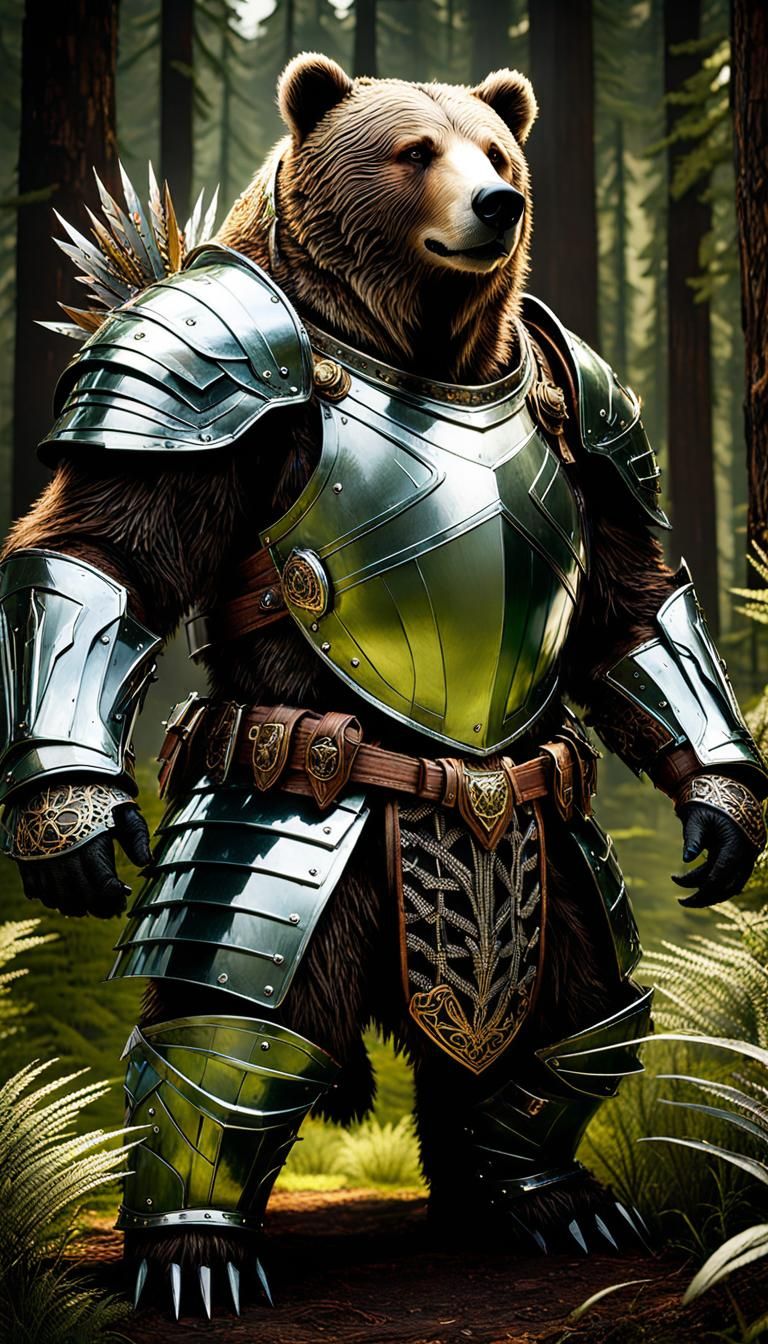 Obese Combat Bear Knight: Olive-Chrome armor reminiscent of wild ...