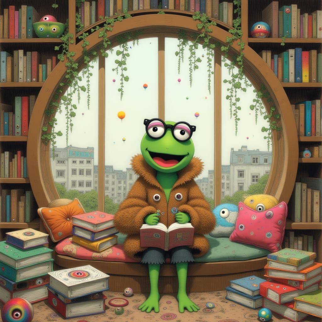 Kermit the Frog in Kidcore Watercolor Library - AI Art