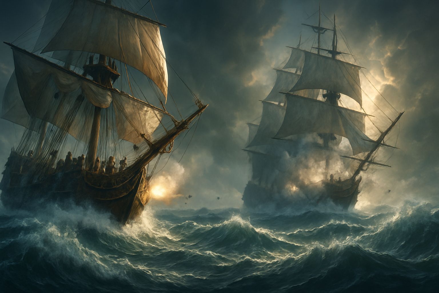 Naval Combat - Galleons Clash on Stormy Seas in High Fantasy...