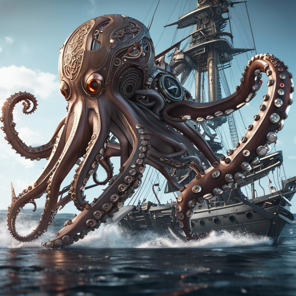 Giant octopus fighting with sailboat intricate mech details, ground ...