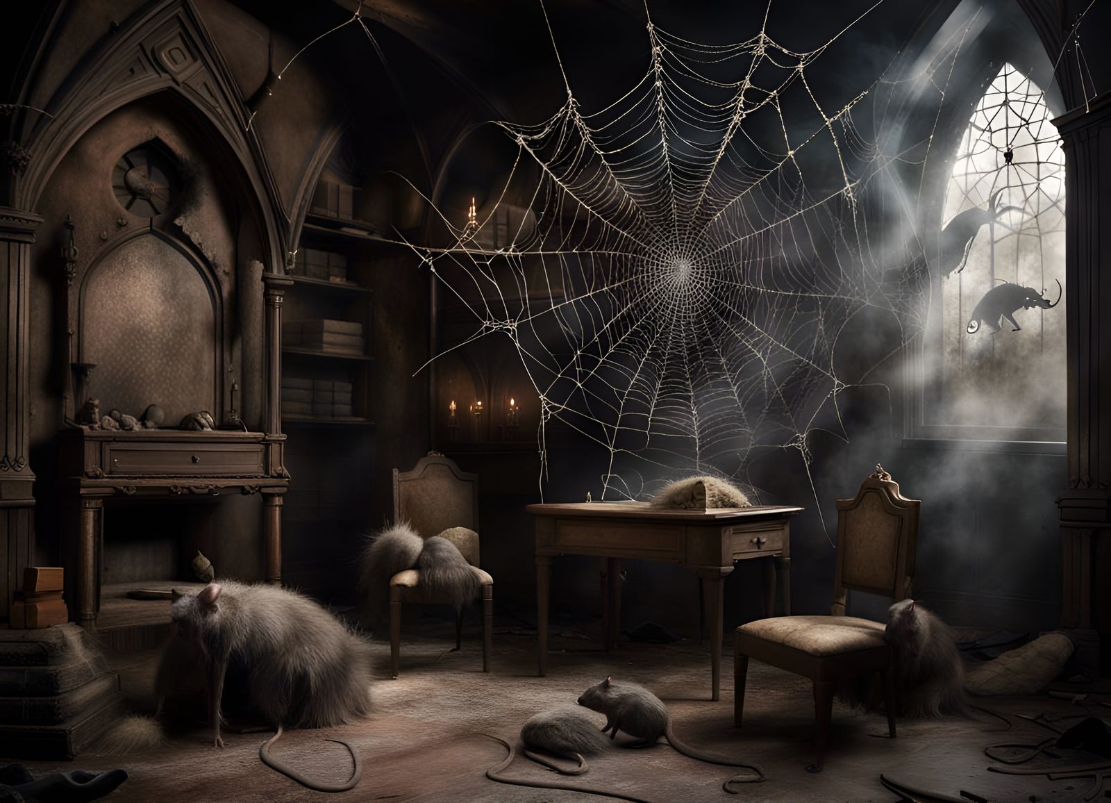 Gothic scenery with dusty room, rats and spiders webs - AI Generated ...