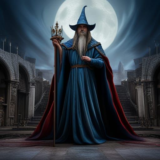 A dark wizard, staff, robes, in a castle, 8k resolution, a masterpiece ...