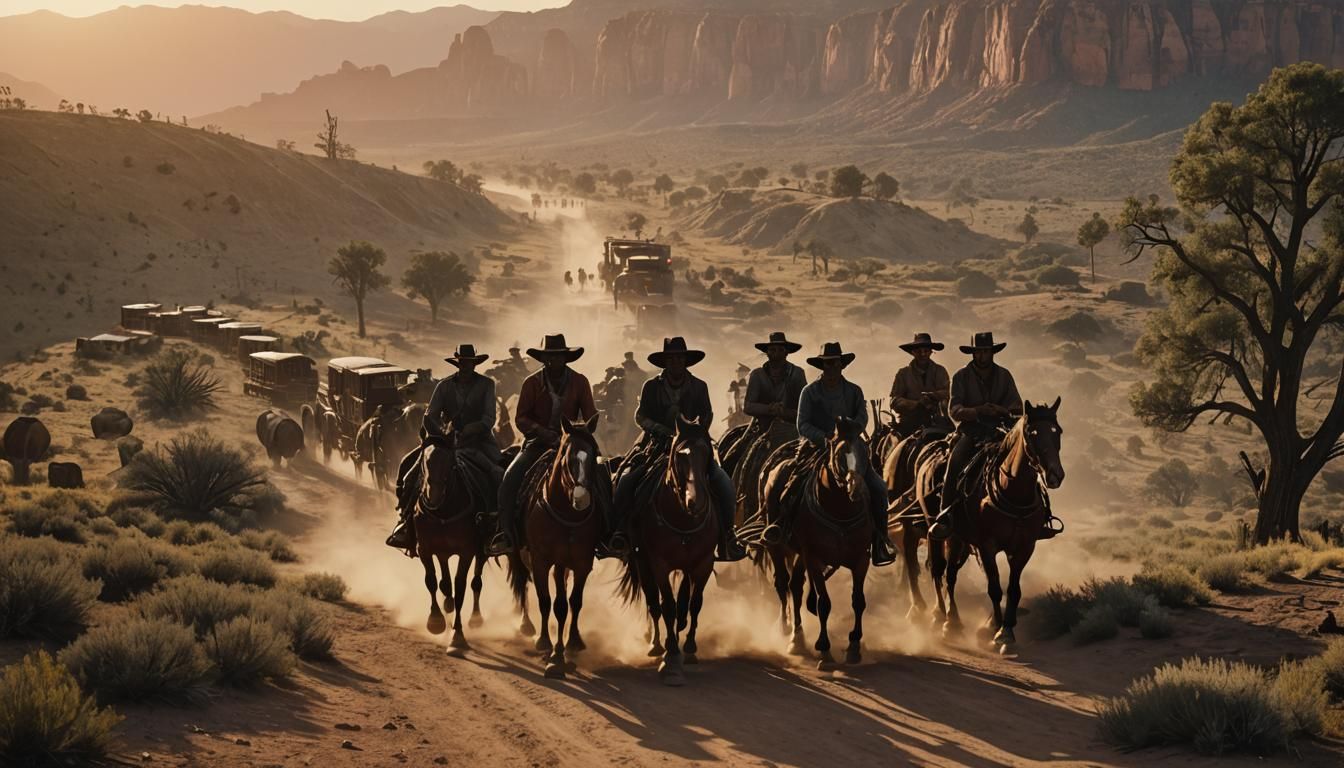 16 Carriages all lined up and riding towards the sunset, lead by a ...