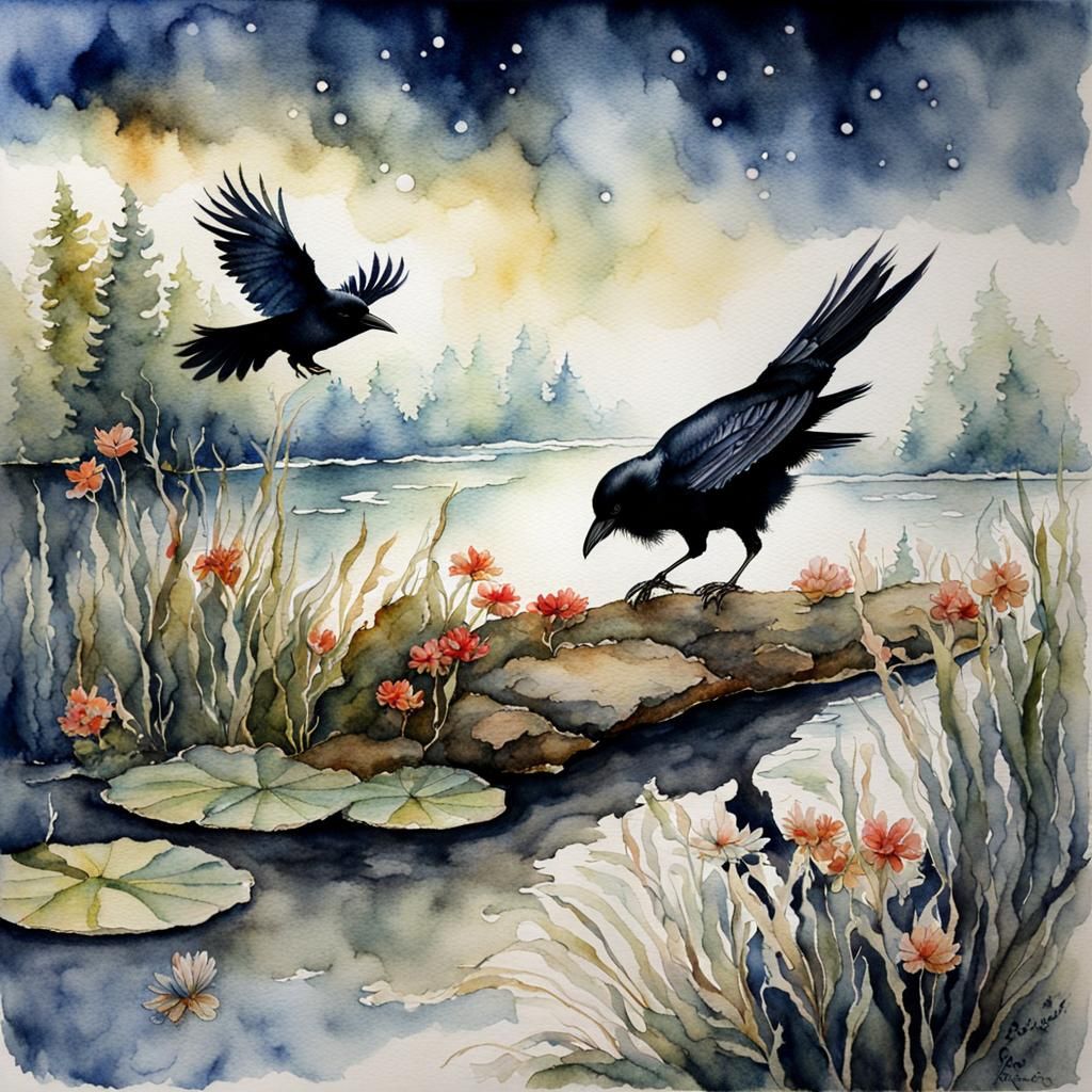 Crows at the river - AI Generated Artwork - NightCafe Creator