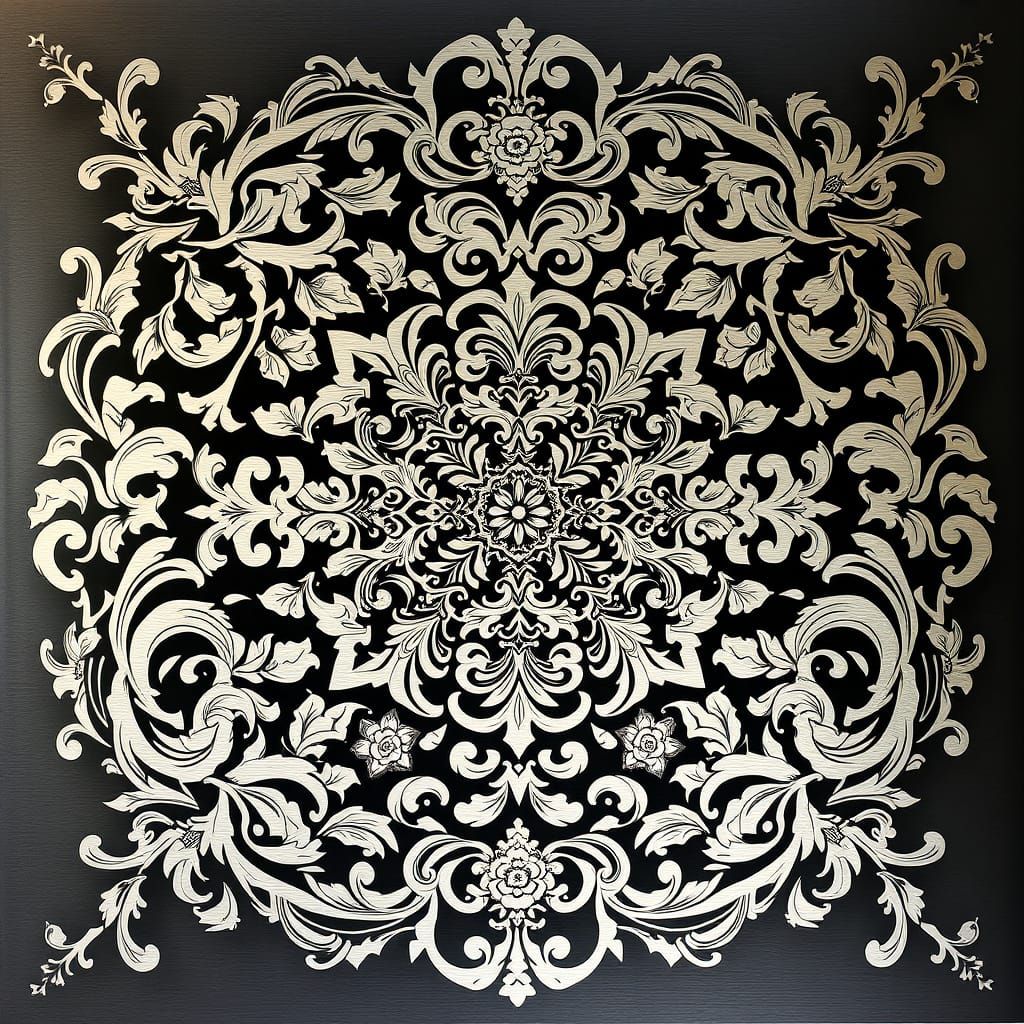 A luxurious 2D laser-cut and engraved steel panel, crafted from ...