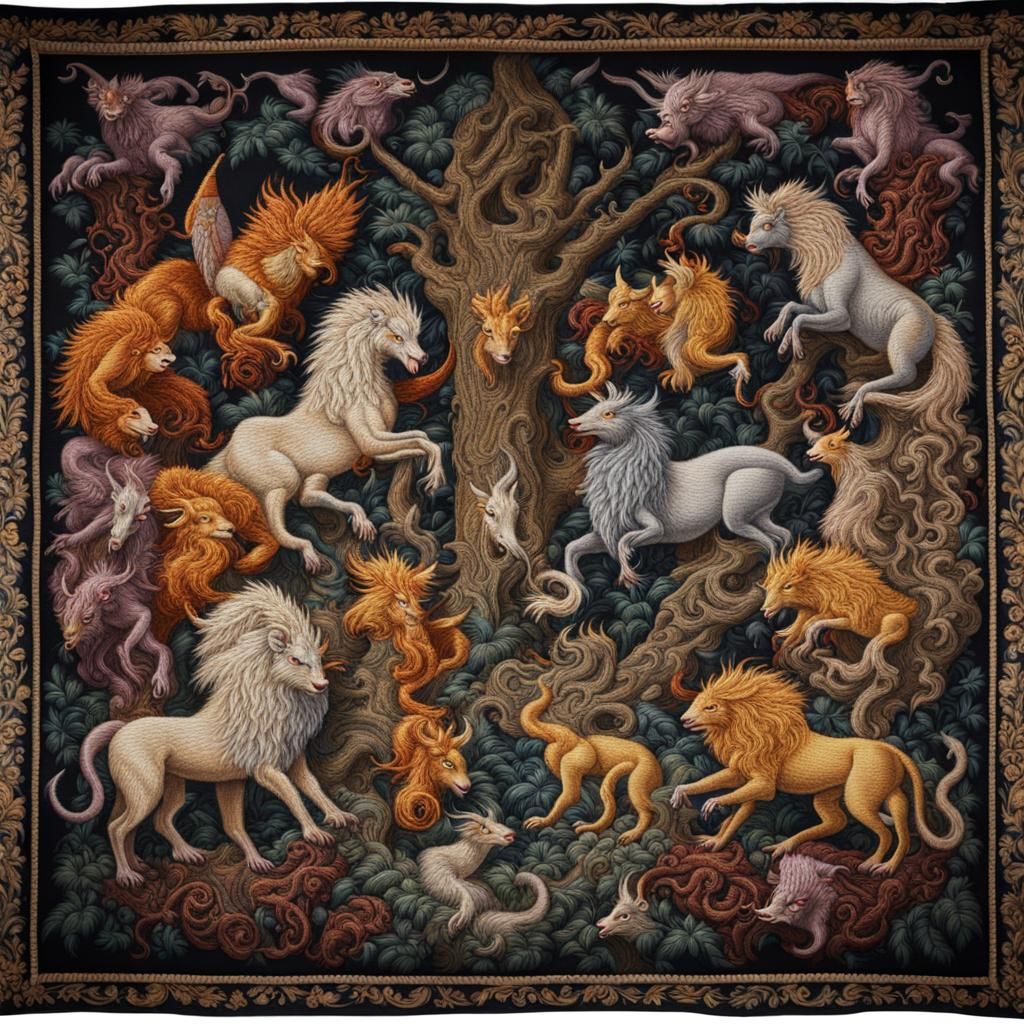 Embroidered tapestry depicting mythical beasts hanging on the wall ...