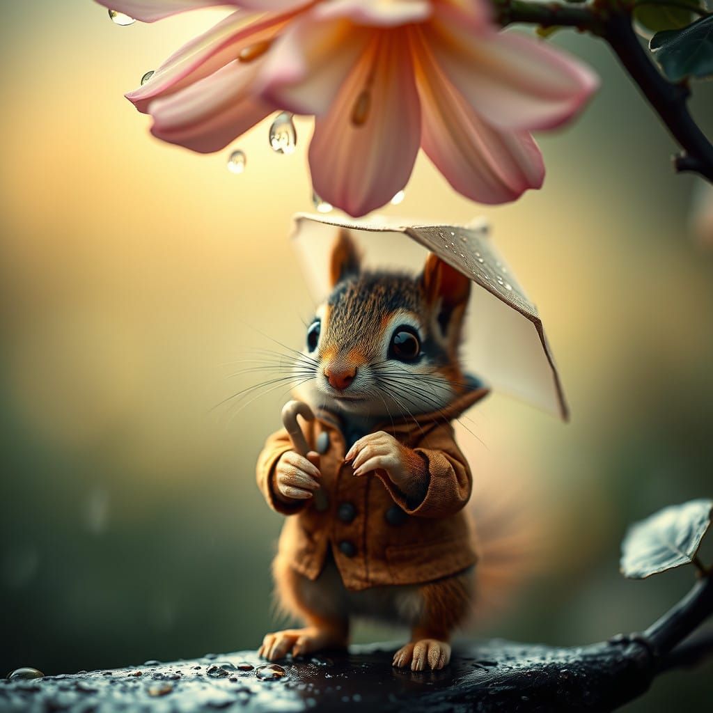 Adorable baby squirrel - Whimsical Rainy Day Squirrel in Cin...