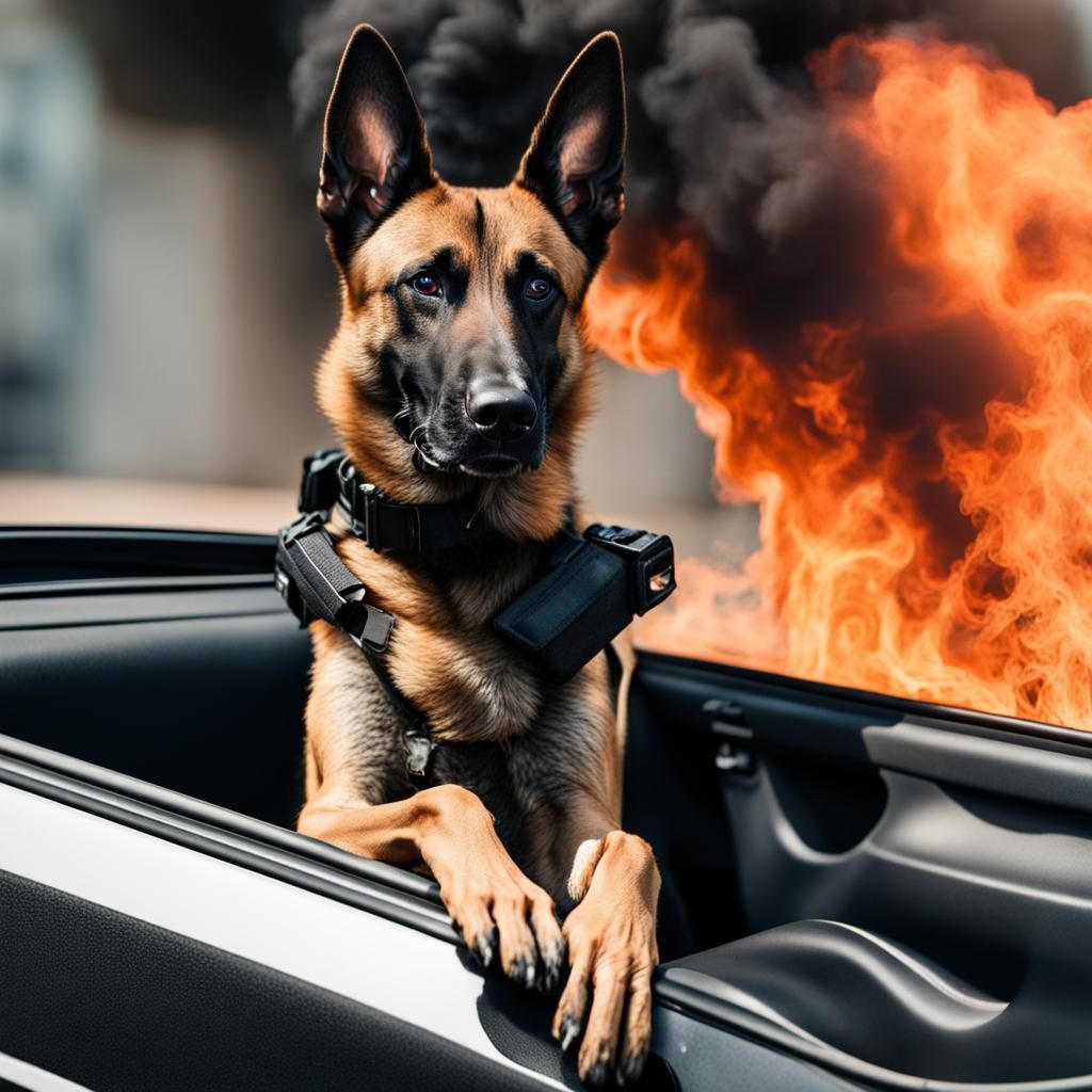 Belgian Malinois police dog ready to jump out of fire filled car - AI ...