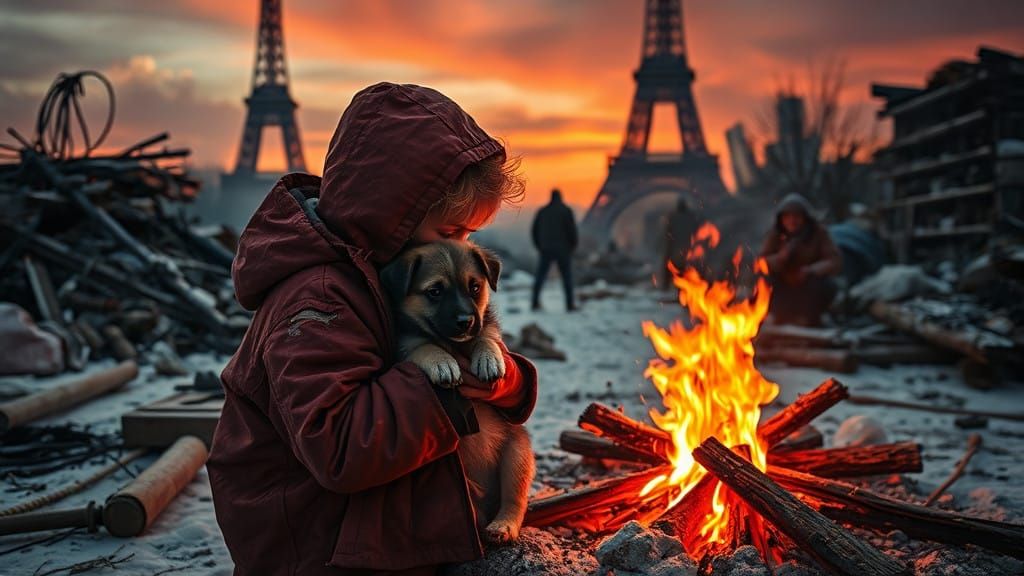 Starving child in crimson red dirty torn jacket embraces whimsical ...
