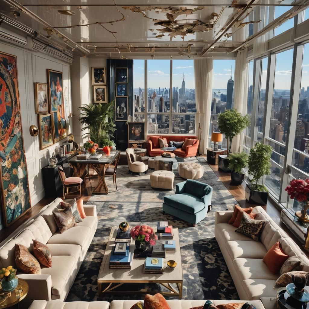 Interior of a New York penthouse. Maximalist interior design, with a view of the city skyline ...