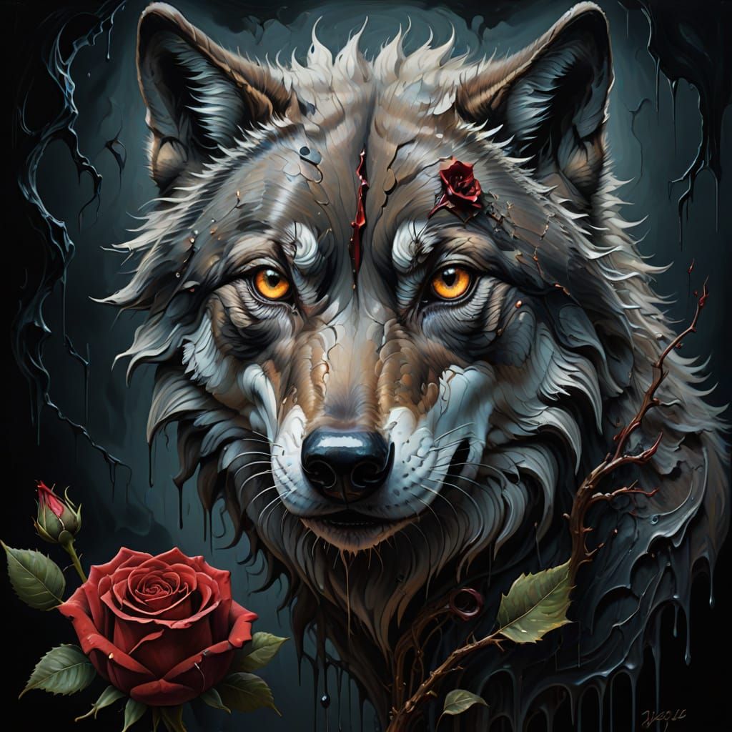 Surrealism. Abstract shot. A wolf offers a rose, its eyes filled with ...