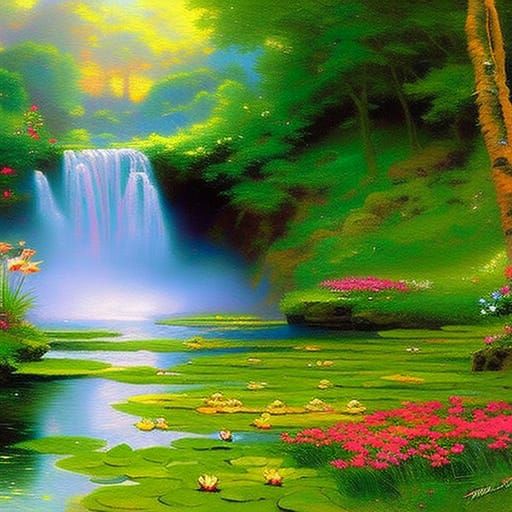 Water nymph near a waterfall in the Woods, Water lilies, vivid colors ...