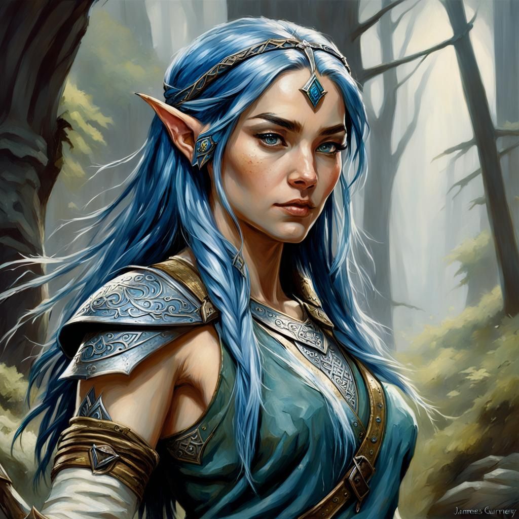 Upper body of a young female elven ranger, blue hair, metal Headband ...
