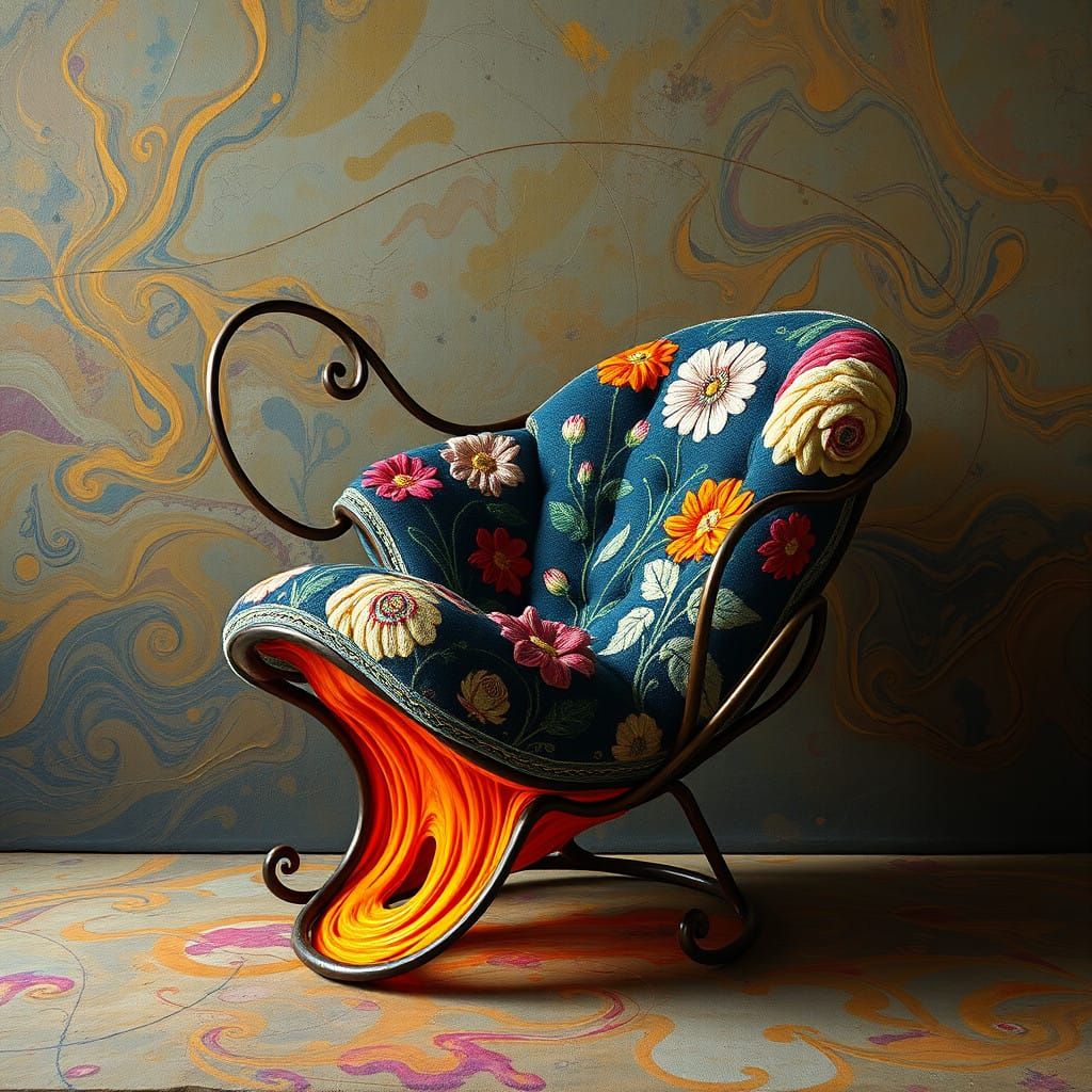 A surreal, dreamlike chair with a distorted, melted shape, as if ...