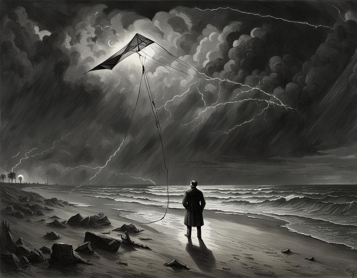 Thomas Edison, standing alone on a beach, flying a large kite, on an ...